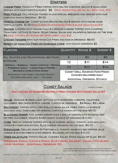 Menu at Comet Grill pub & bar, Charlotte