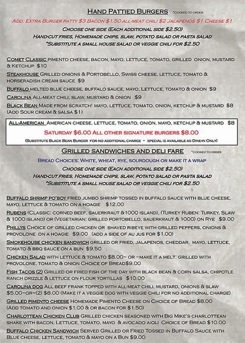 Menu at Comet Grill pub & bar, Charlotte