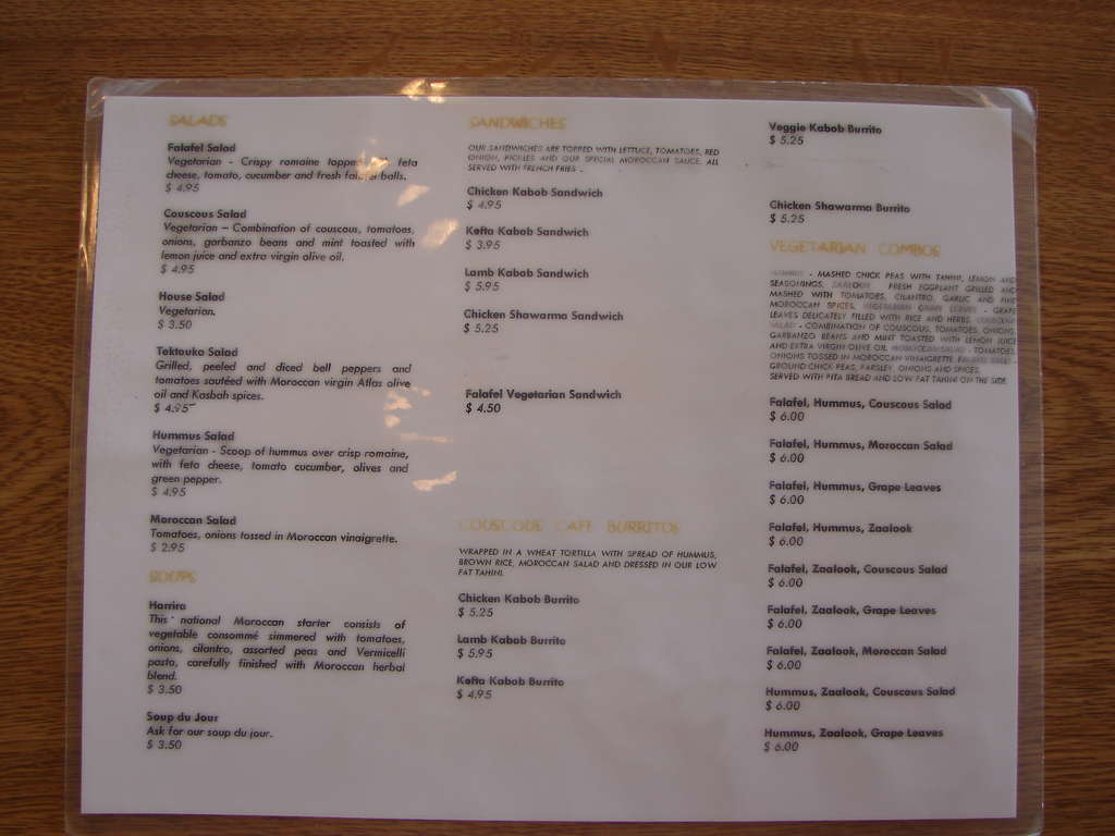 Menu at Cous Cous Cafe, Oklahoma City