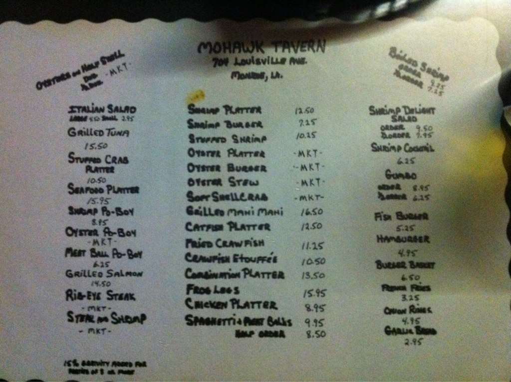 Menu at Mohawk Seafood Tavern pub & bar, Monroe