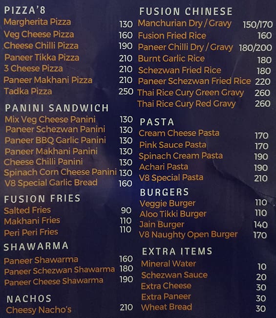 Menu at V8 - The Fusion Eatery, Mumbai