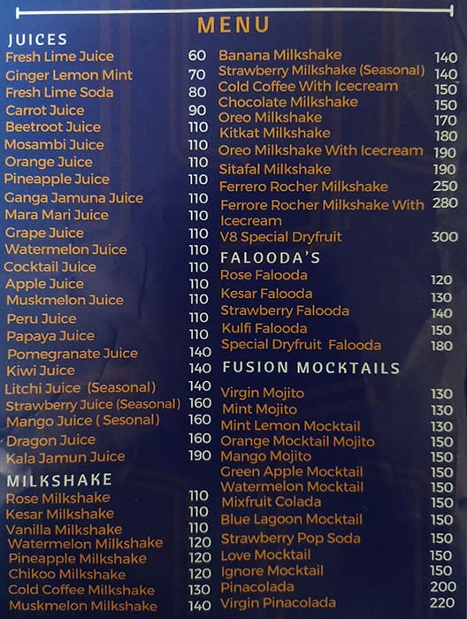 Menu at V8 - The Fusion Eatery, Mumbai