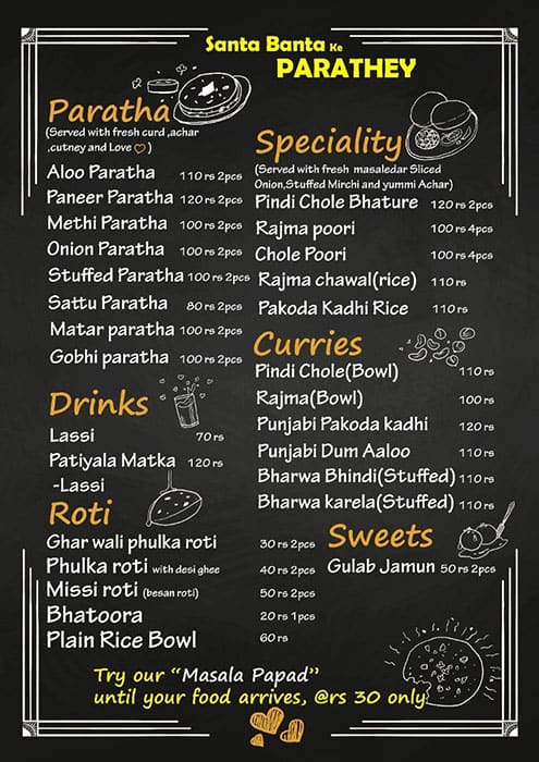 Menu of Santa Banta Ke Parathey, Sanjay Nagar, Bangalore