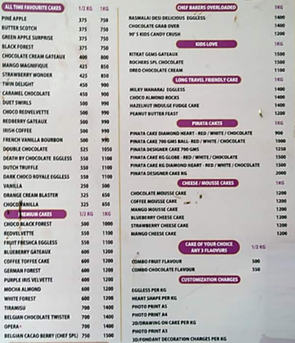 Menu of Chef Bakers, HSR, Bangalore