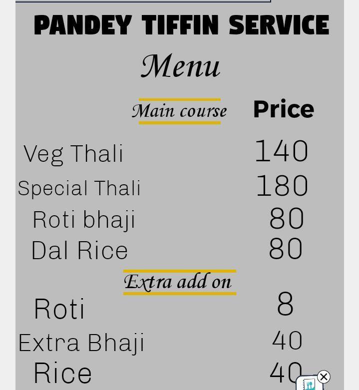 Menu of Pandey Tiffin Service, Bandra East, Mumbai