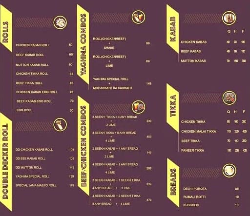 Menu of Yaghma Kababs, Thousand Lights, Chennai