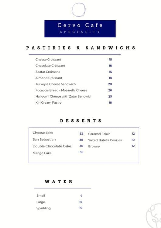 Menu of Cervo Cafe, Umm Hurair, Dubai