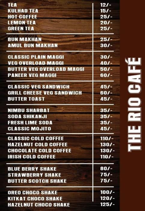 Menu of The Rio Cafe, Gomti Nagar, Lucknow