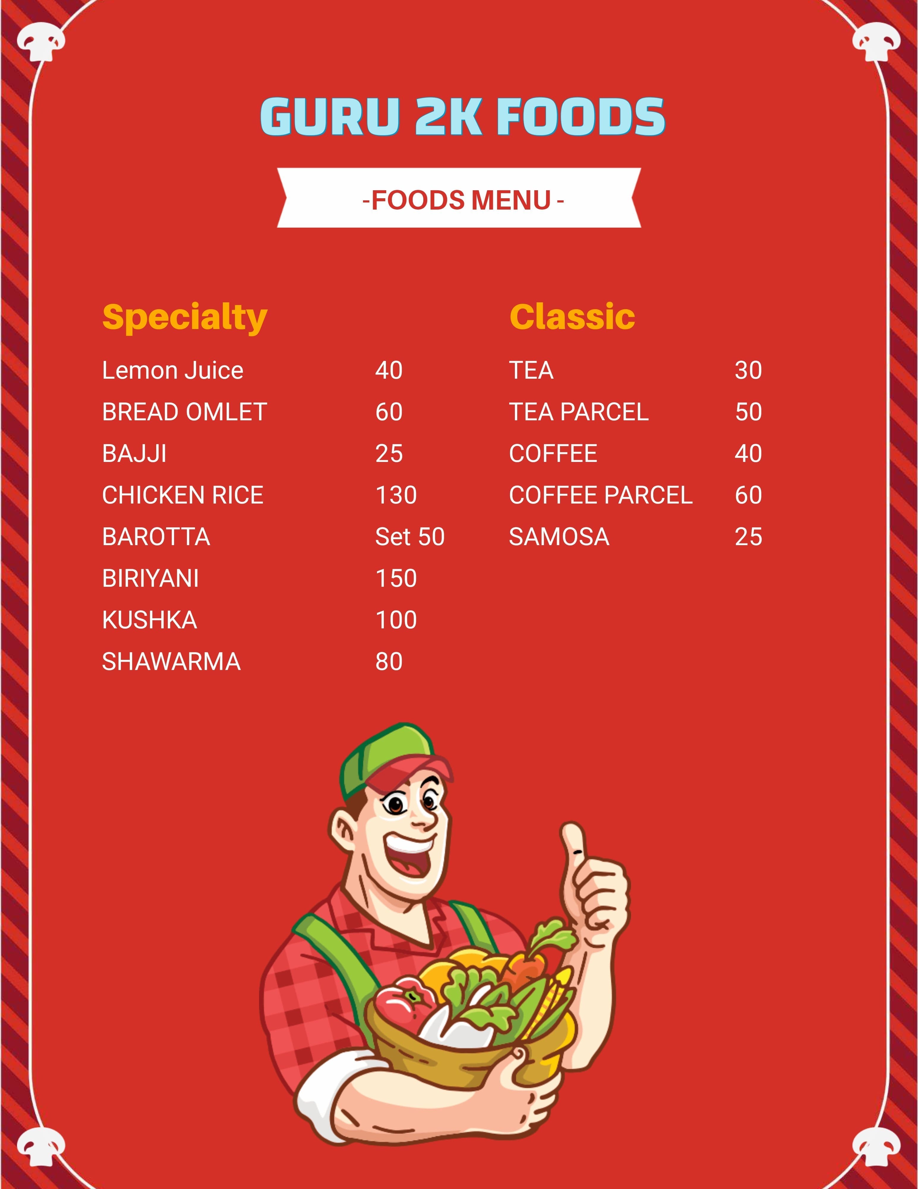 Menu of Guru 2K Foods, West Mambalam, Chennai