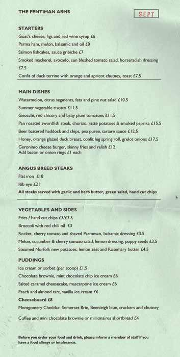Menu at Fentiman Arms pub & bar, London