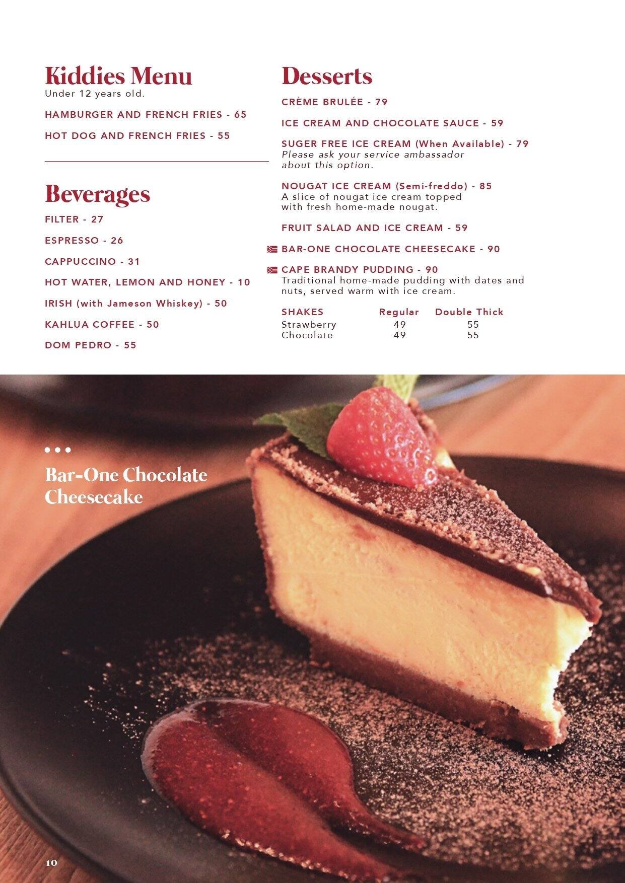Menu at City Grill Steakhouse, Cape Town