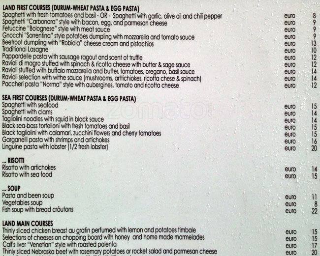 Menu at Ristorante Nabucco, Milan