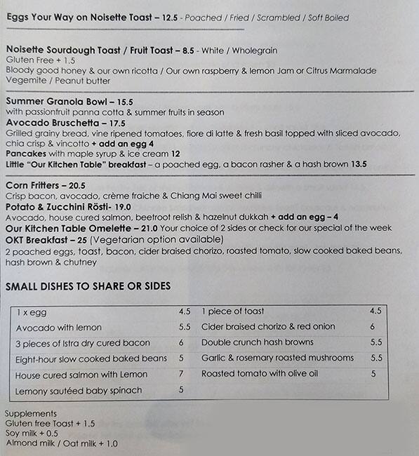 Menu at Our Kitchen Table Cafe, Malvern East