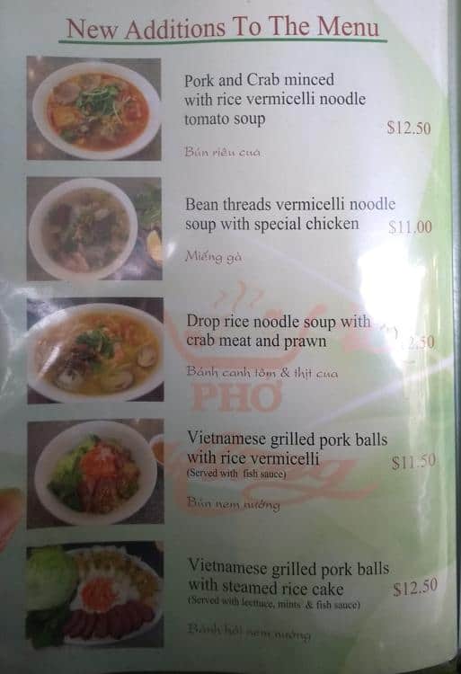Menu at Pho Hung restaurant, Preston