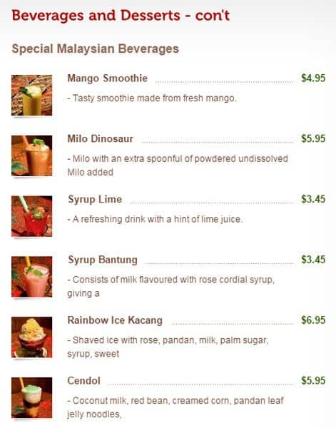 Menu at Ipoh Malay Cuisine restaurant, Vancouver
