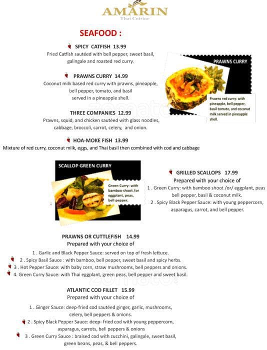 Menu at Amarin Thai Cuisine restaurant, Mountain View