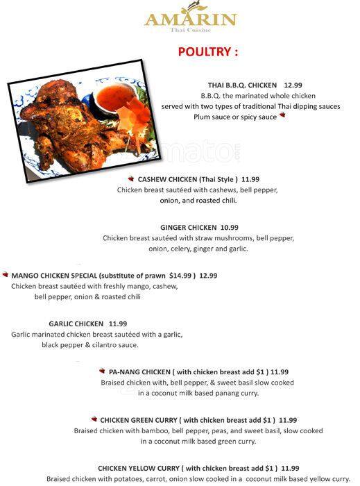 Menu at Amarin Thai Cuisine restaurant, Mountain View