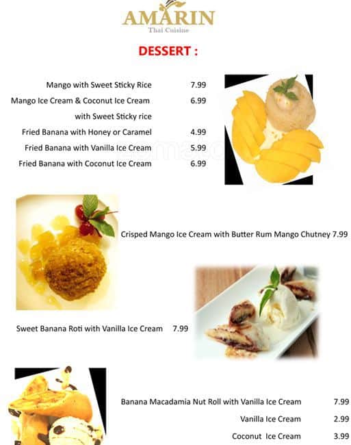 Menu at Amarin Thai Cuisine restaurant, Mountain View