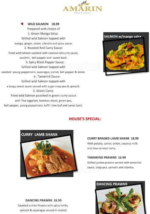 Menu at Amarin Thai Cuisine restaurant, Mountain View