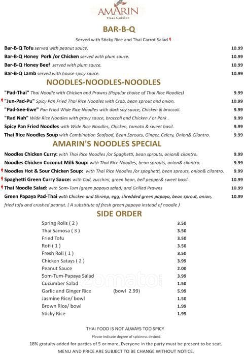 Menu at Amarin Thai Cuisine restaurant, Mountain View