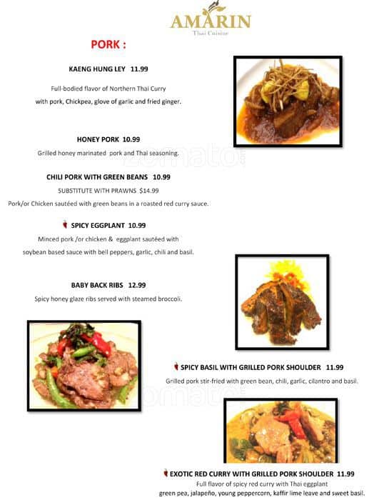 Menu at Amarin Thai Cuisine restaurant, Mountain View