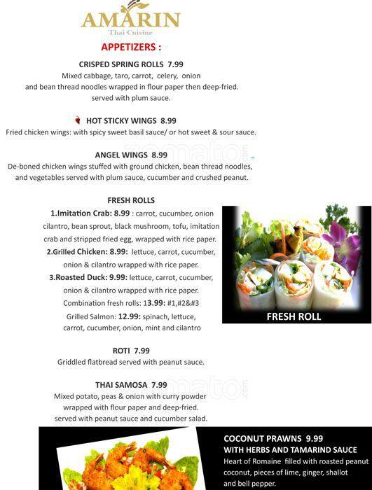 Menu at Amarin Thai Cuisine restaurant, Mountain View