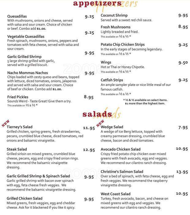 Menu at Tierney's Cafe & Tavern, Lewisville