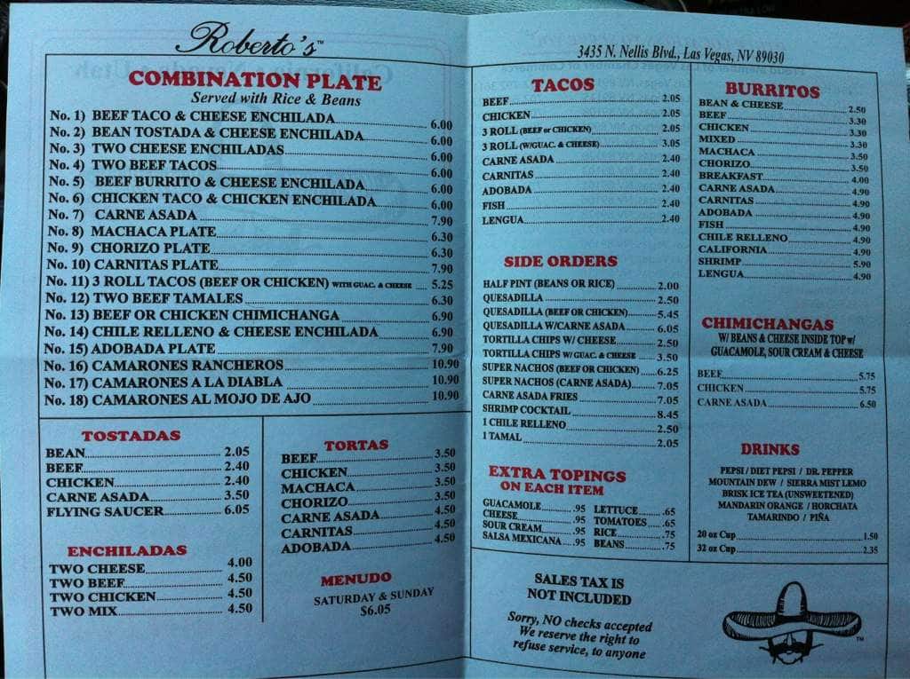 Menu at Roberto's Taco Shop restaurant, Las Vegas, N Nellis Blvd