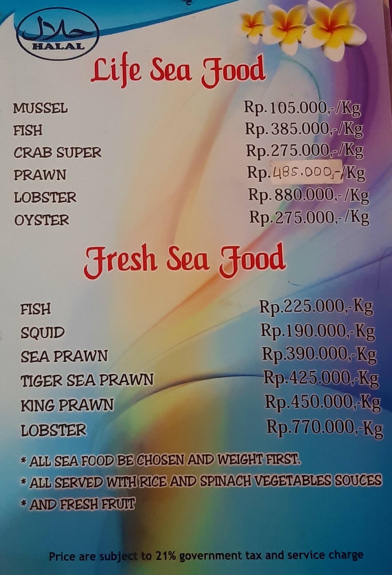 Menu at Legong Bumbu Bali restaurant, Kuta, Jalan Pantai Kedongan