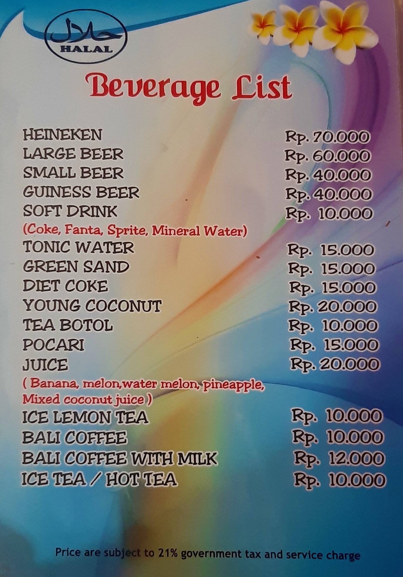 Menu at Legong Bumbu Bali restaurant, Kuta, Jalan Pantai Kedongan