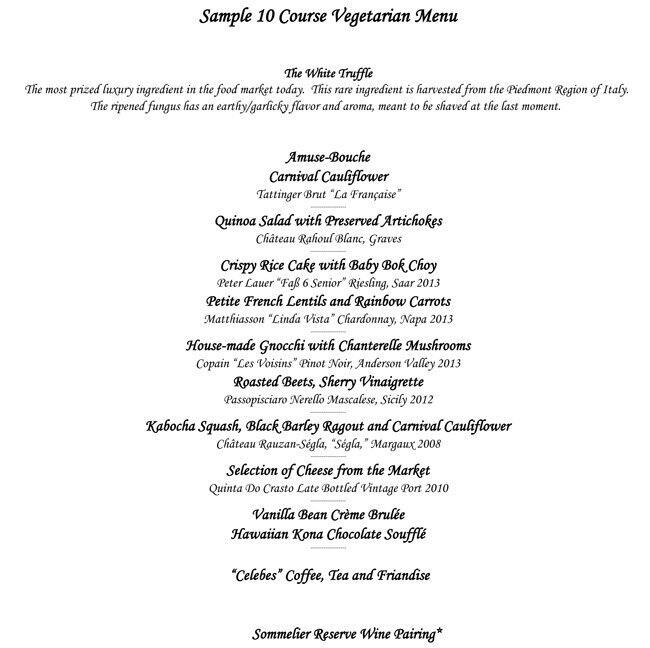 Menu at Victoria & Albert's restaurant, Orlando
