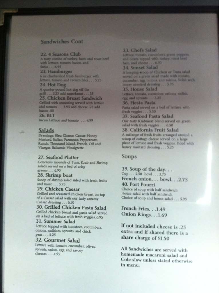 Menu at Sunset Cafe, Vero Beach