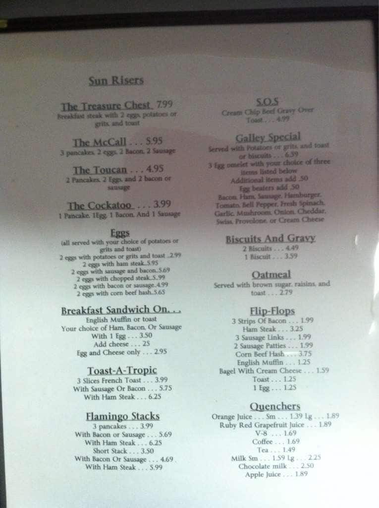 Menu at Sunset Cafe, Vero Beach