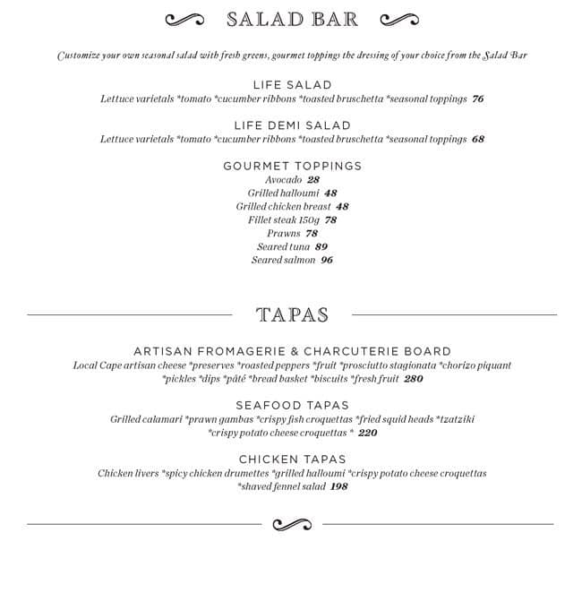 Menu at Life Grand Cafe, Cape Town, 2 Pierhead Road