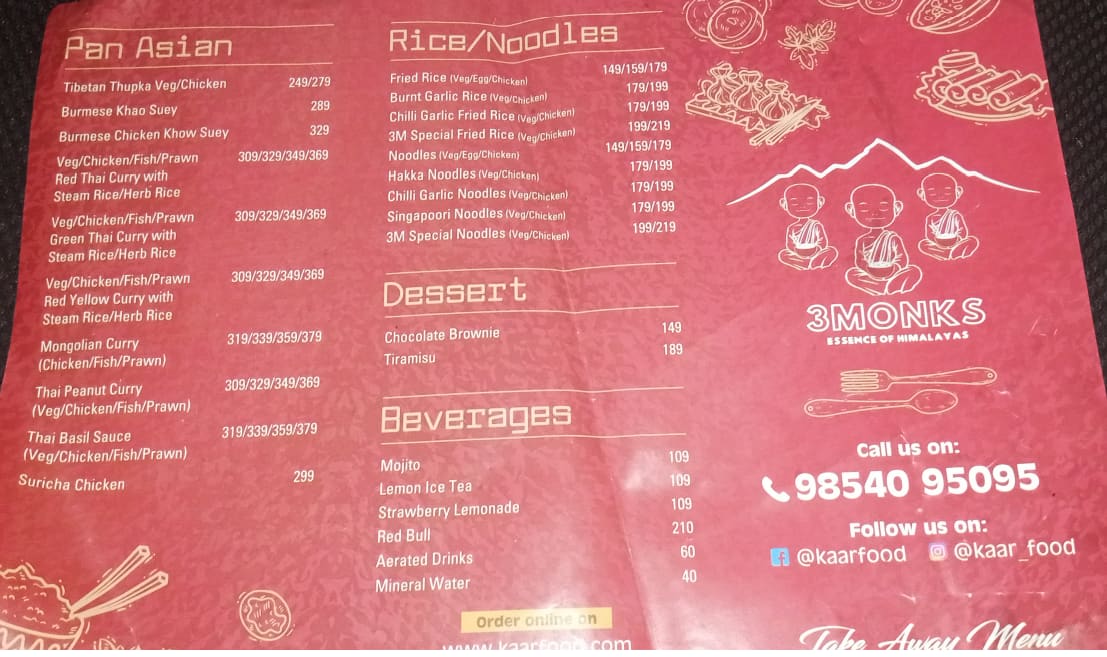 Menu of 3 Monks, Sector 43, Gurgaon
