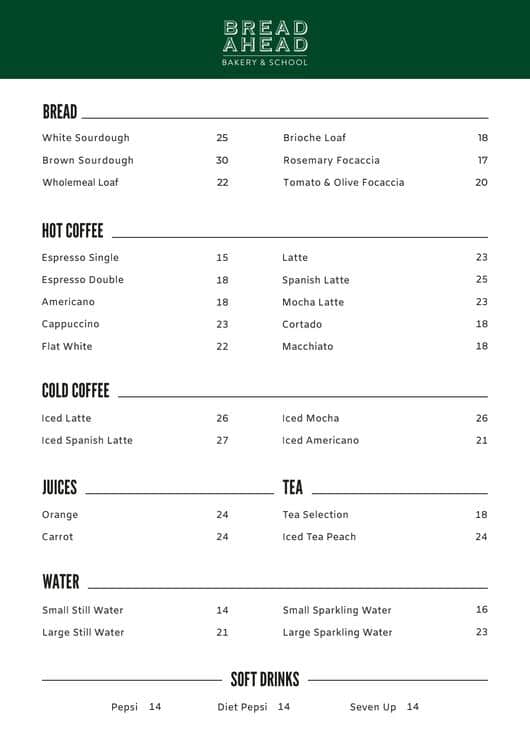 Menu of Bread Ahead, Al Barsha, Dubai