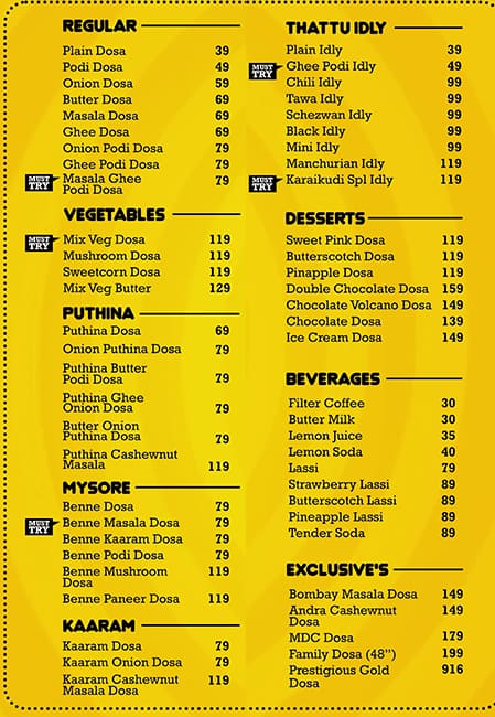 Menu of Maduras Dosa Company, KK Nagar, Madurai