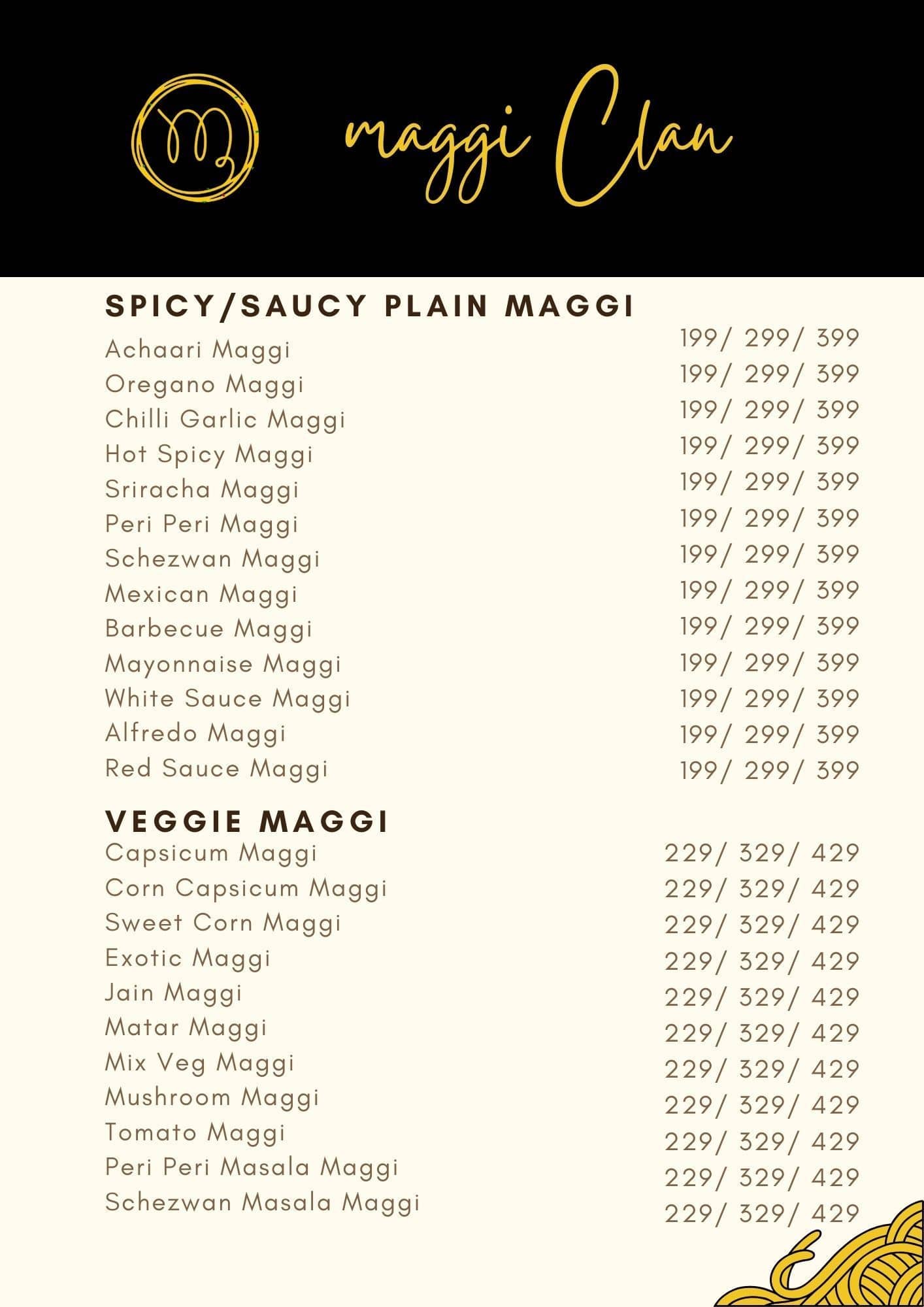 Menu of Maggi Clan, Mahakali, Mumbai