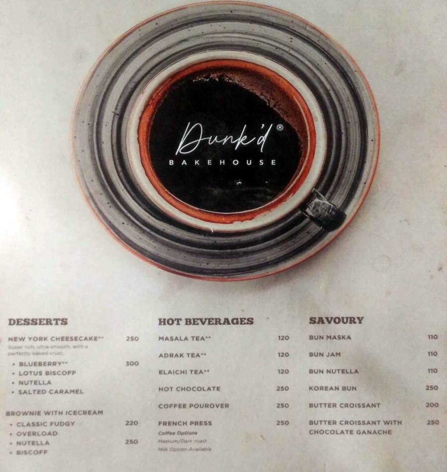 Menu of Dunk'd Bakehouse, Koramangala 6th Block, Bangalore