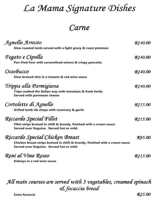 Menu at La Mama Restaurant, Johannesburg