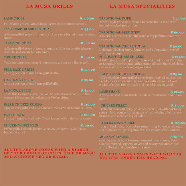 Speisekarte von La Musa restaurant, Johannesburg