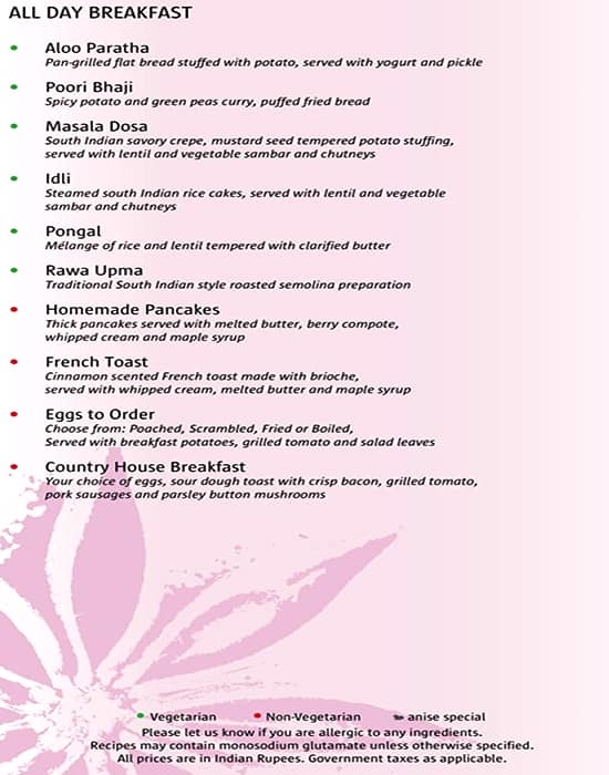 Menu of Anise - Taj Coromandel, Nungambakkam, Chennai