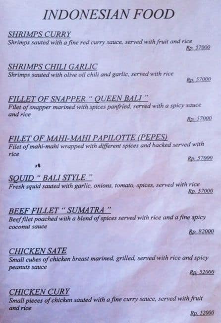 Menu at New Queen Bali restaurant, Denpasar