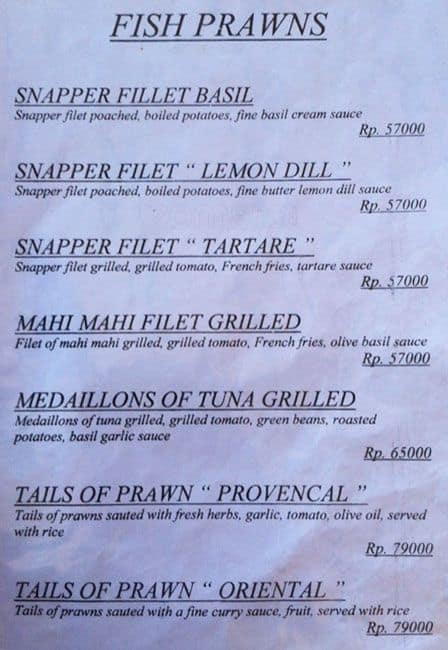 Menu at New Queen Bali restaurant, Denpasar