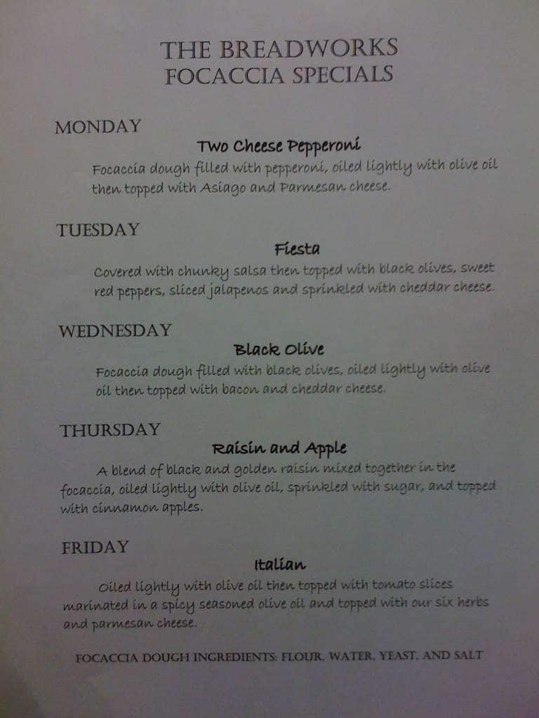 Menu at BreadWorks Bakery, Pittsburgh