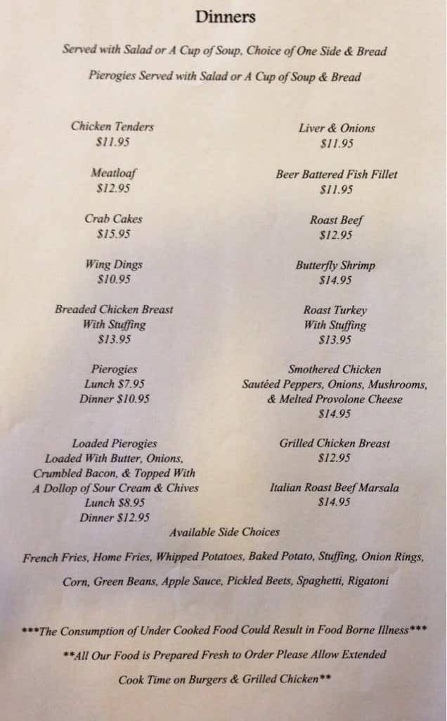 Menu at Lenzi's Restaurant, Monongahela