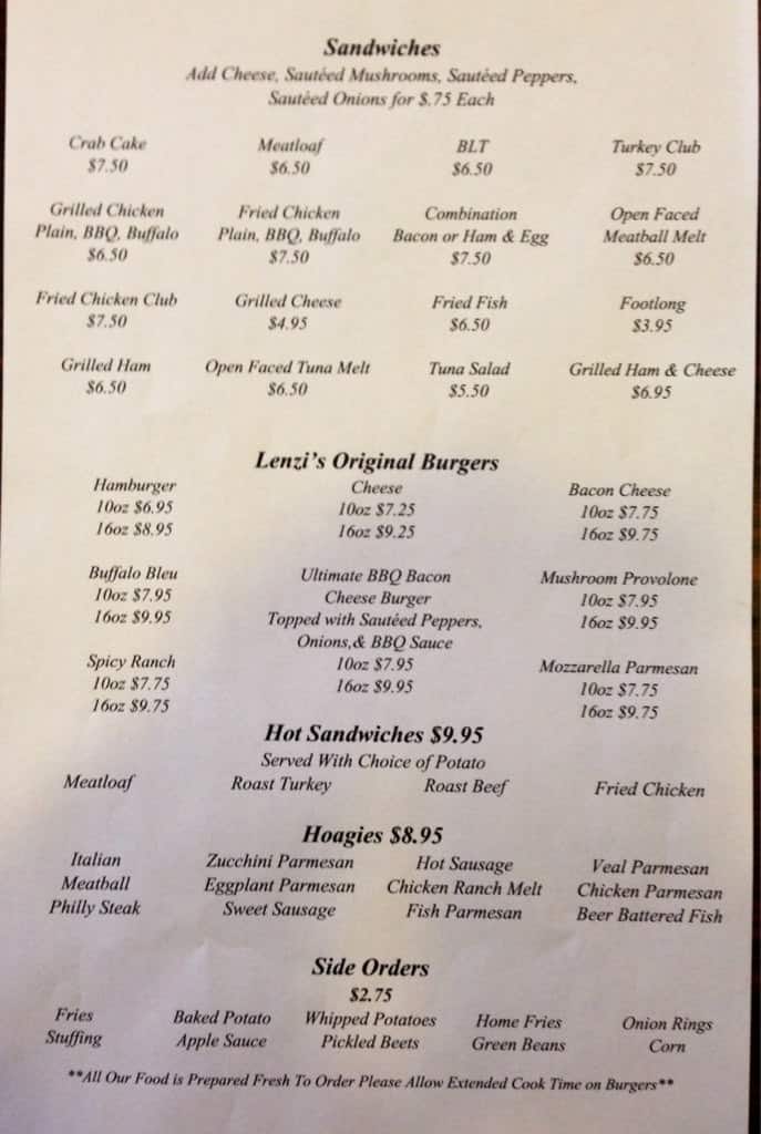 Menu at Lenzi's Restaurant, Monongahela