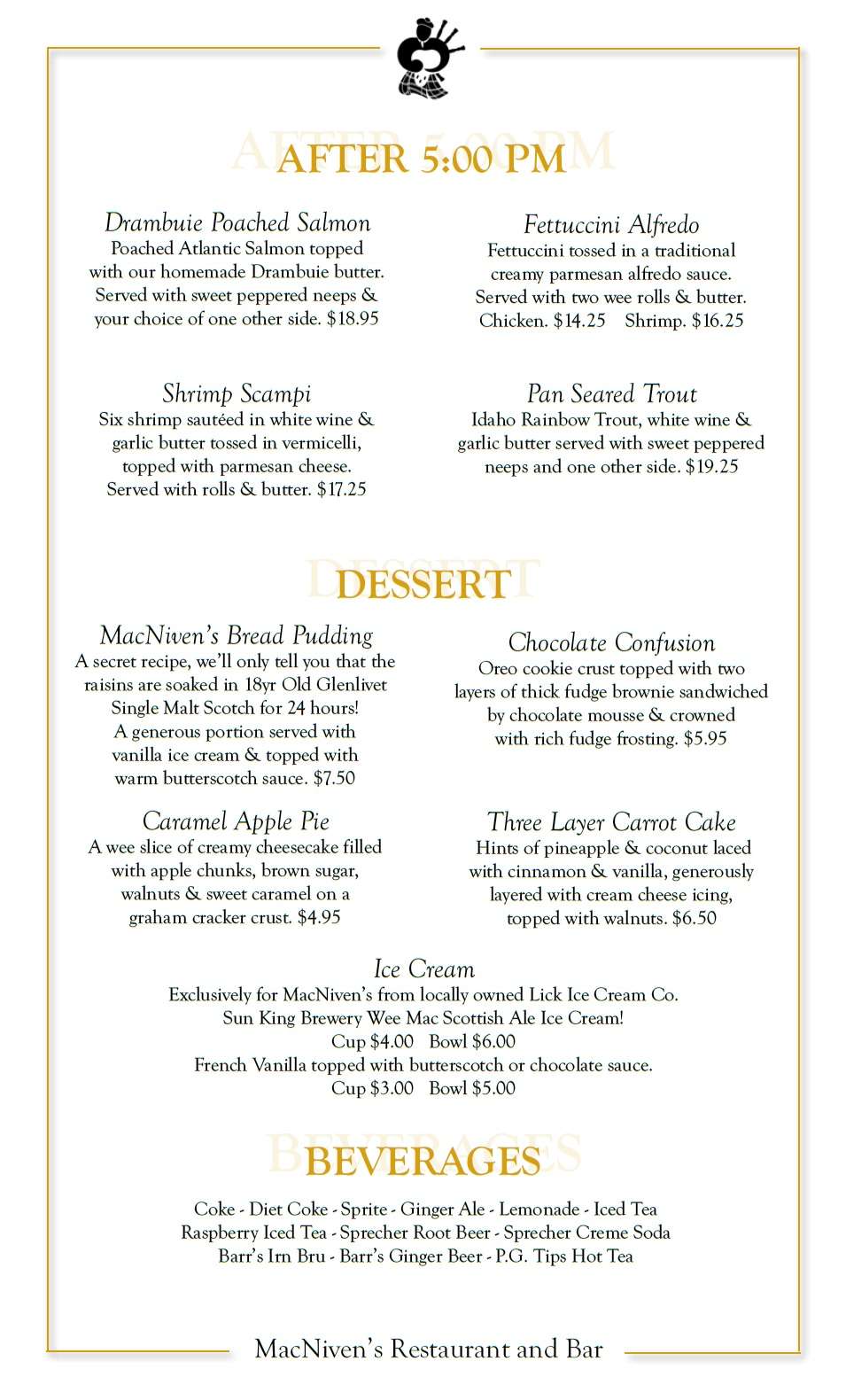 Menu at MacNiven's Scottish-American Restaurant & Bar, Indianapolis