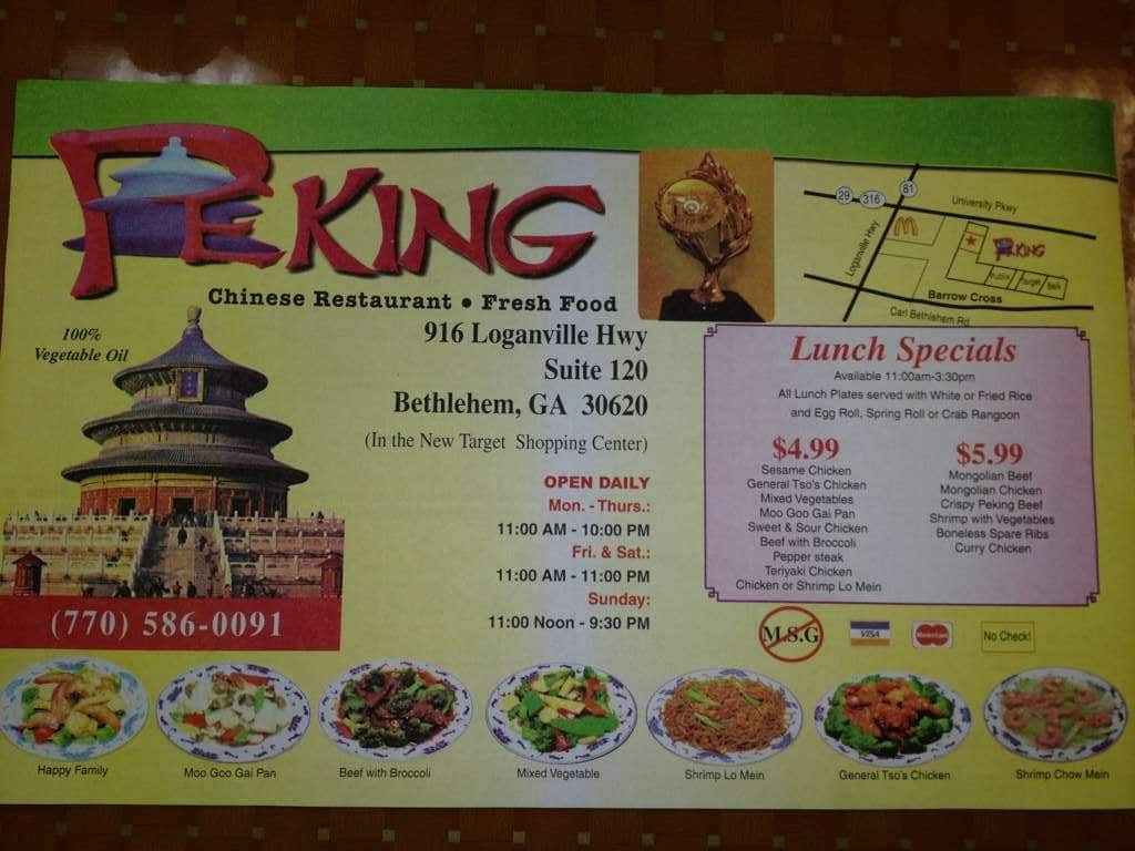 Menu at Peking Chinese Restaurant, Winder