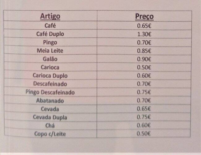 Menu at Confeitaria Luanda, Porto